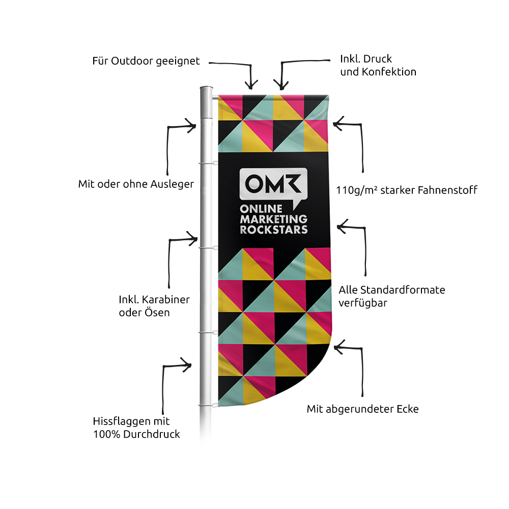 Hiss- und Auslegerfahne mit runder Ecke | Für Fahnenmast geeignet